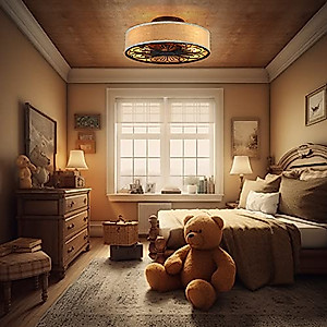 HUOGME 20" Caged Ceiling Fan with Light : Low Profile Fabric Farmhouse Remote Control Flush Mount Enclosed Ceiling Fan with Light for Bedroom Living Room Kitchen Indoor (Ginger)