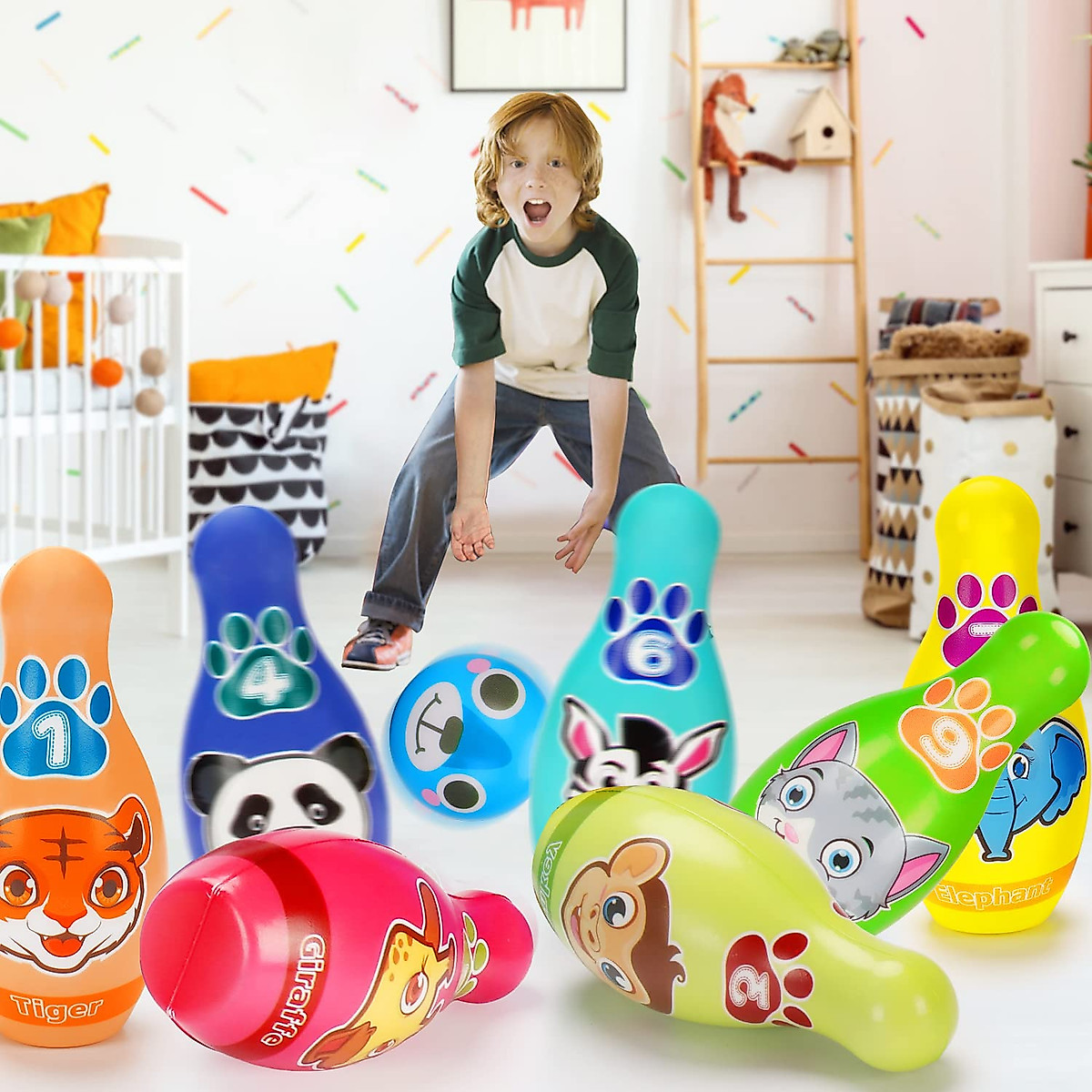 Tsomtto Kids Bowling Set Toddler Toys for 2 3 4 Year Old Boy Girl Birthday Gifts Soft Foam Animal Bowling Pins with Storage Bag Indoor Activities Outdoor Outside Easter Games Age 1-3 2-4 Present