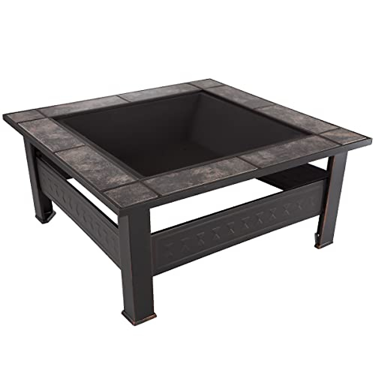 Pure Garden 50-155 Wood Burning Fire Pit Set Includes Screen, Cover and Log Poker-for Outdoor and Patio, 32-inch Marble Tile Square Firepit, Bronze