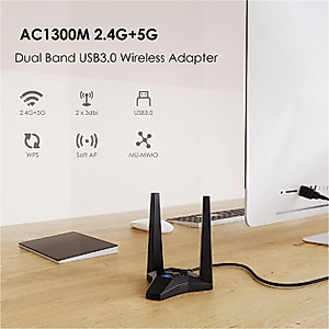 Wavlink USB 3.0 WiFi Adapter for PC, AC1300 Dual Band 5GHz+2.4GHz Wireless Network Adapter with High Gain Antennas for Windows XP/Vista/7/8/8.1/10/11 MacOS 10.7-10.15