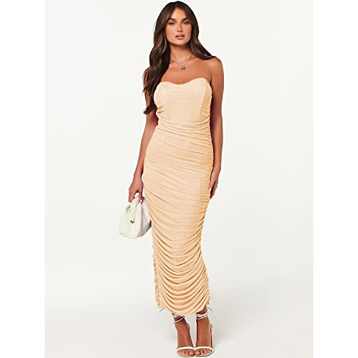 ANRABESS Women Ruched Bodycon Dress 2023 Summer Sexy Strapless Sleeveless Slit Party Cocktail Club Night Dresses Elagant Wedding Guest Evening Graduation Prom Dress 883qianxing-M Apricot