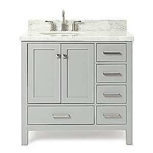 ARIEL 37" Grey Bathroom Vanity with 1.5" Edge Italian Carrara Marble Countertop & Backsplash, Left Oval Sink, 2 Soft Closing Doors, 5 Full Extension Dovetail Drawers, Brushed Nickel