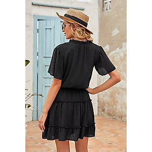 Dokotoo Womens Cute Spring Summer Casual Sexy Deep V Neck Ruffle Chiffon Lantern Short Sleeve Elegant Empire Waist Flowy Mini Short Skirt Dresses for Women Party 2025 Black US 8 10