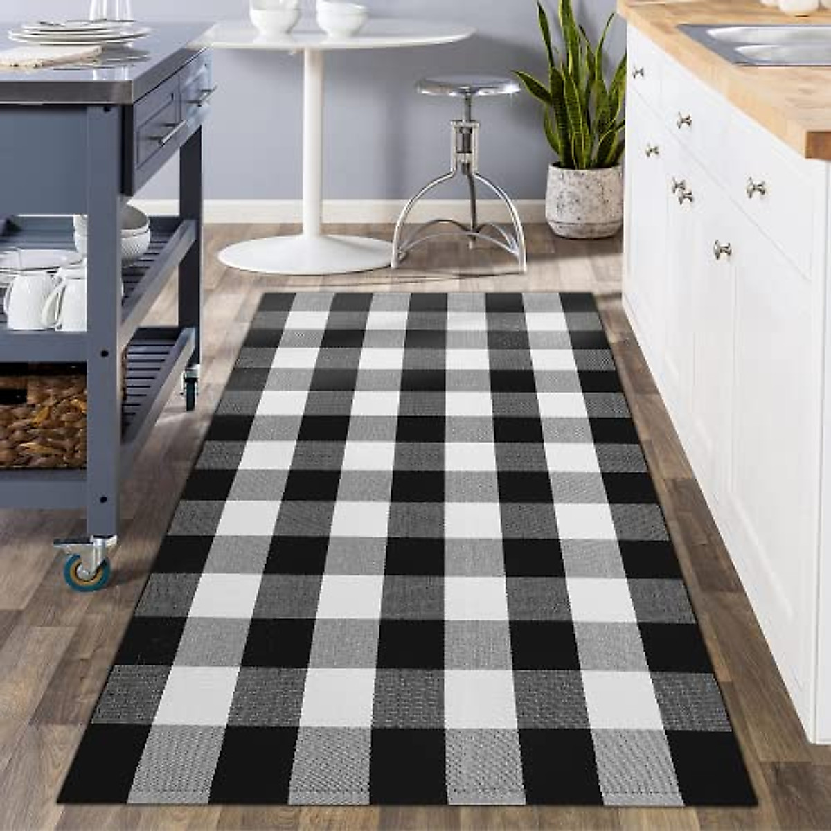 EARTHALL Buffalo Plaid Rug Black and White 3x5 Area Rug, Cotton Hand-Woven Washable Indoor Outdoor Area Rug Farmhouse/Living Room/Bedroom/Kitchen Rug Retro Lattice Checkered Rug Carpet