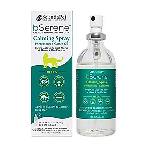 bSerene Pheromone + Catnip Calming Solution for Cats 60ml Spray Works Fast to Help Reduce Hiding, Scratching, Fighting, Marking, Stress, Anxiety at-Home or Travel Vet, Thunder, Fireworks (440223)