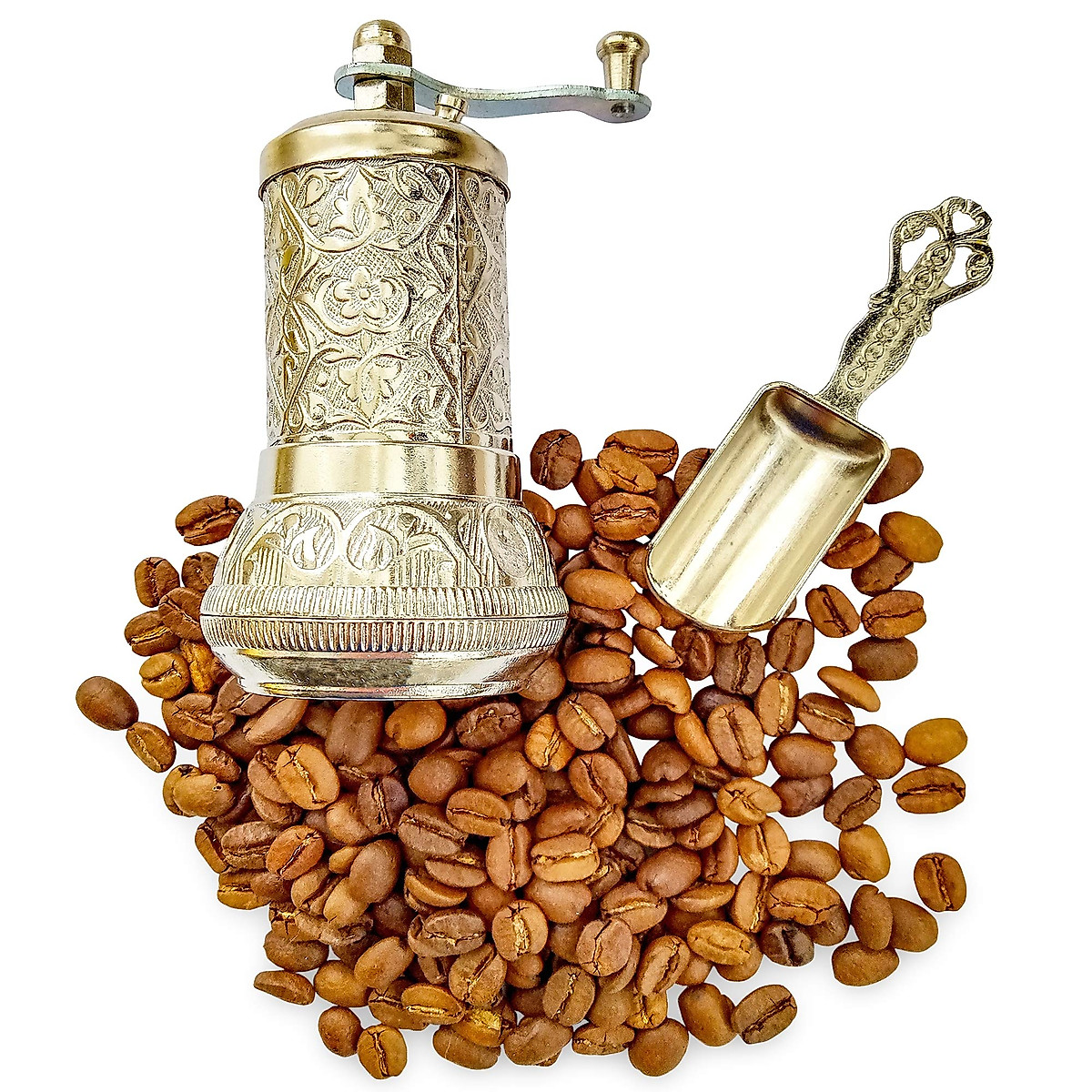 Pepper Salt Coffee Grinder - 3 in One - Turkish Coffee Mill - with Spice Shovel Spoon - Salt Shaker - Zinc Alloy Casting Best Carving Metal - Adjustable Coarseness - Silver Color Design (Silver)