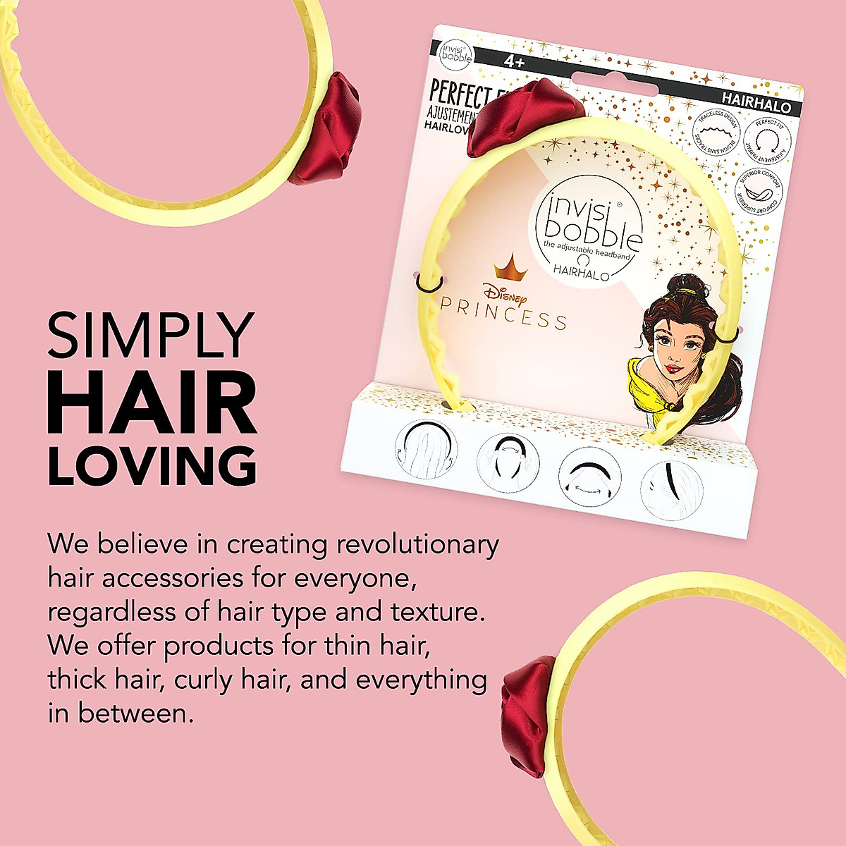 invisibobble HairHalo The Adjustable Headband – Disney Princess Belle - Hairbands Made for Everyone - Individually Adapted to the Shape of the Head and Worn All Day with No Pain or Uncomfortable Pressure