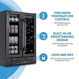 NewAir 24” Wine and Beverage Refrigerator and Cooler, 18 Bottle and 60 Can Capacity, Built-in Dual Zone Fridge in Black Stainless Steel with French Doors