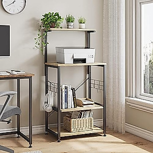 Bestier Bakers Rack, 4-Tier Microwave Stand Coffee Bar Table on Wheels, Utility Storage Rack with Sliding Shelf & 10 Side Hooks for Kitchen, Living Room, Dining Room, Oak