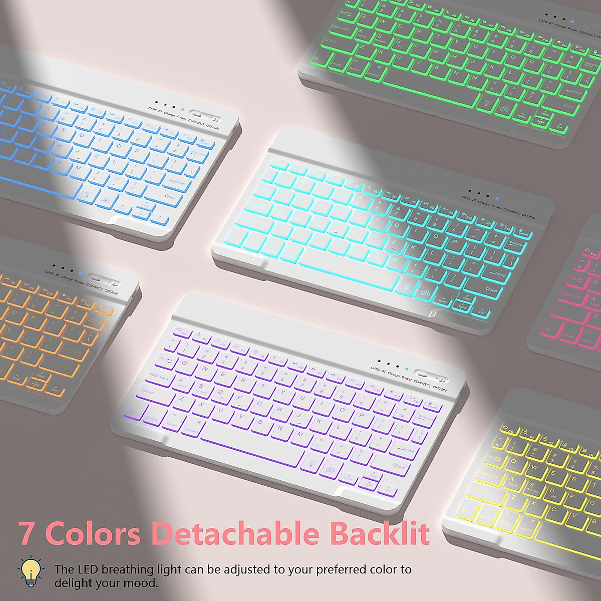 FUWANG Keyboard Case for iPad 9th Generation 10.2 inch 2021 - Detachable 7 Colors Backlit Stand Folio Keyboard Cover for iPad 8th Gen/7th Gen/iPad Pro 10.5"/iPad Air 3rd Gen, with Pencil Holder