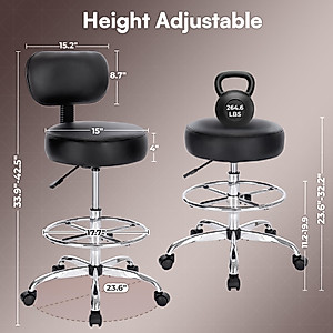 SUPERJARE Drafting Chair with Back, Adjustable Foot Rest Rolling Stool, Multi-Purpose Office Desk Chair, Thick Seat Cushion for Home Bar Kitchen Shop - Black