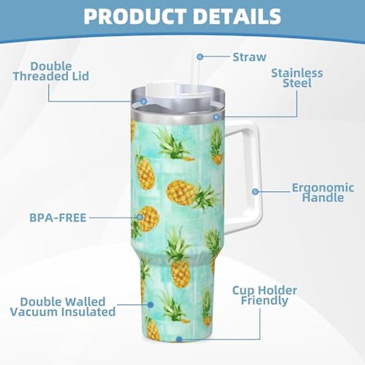 HULIBIN Green pineapple. Print Double Deck Stainless Steel Travel Coffee Cup With Lid 40 Oz Ice Bully Cup