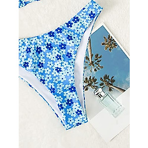 SOLY HUX Women's Floral Print Halter Triangle Tie Side Bikini Bathing Suits 2 Piece Swimsuits Ditsy Floral Blue S
