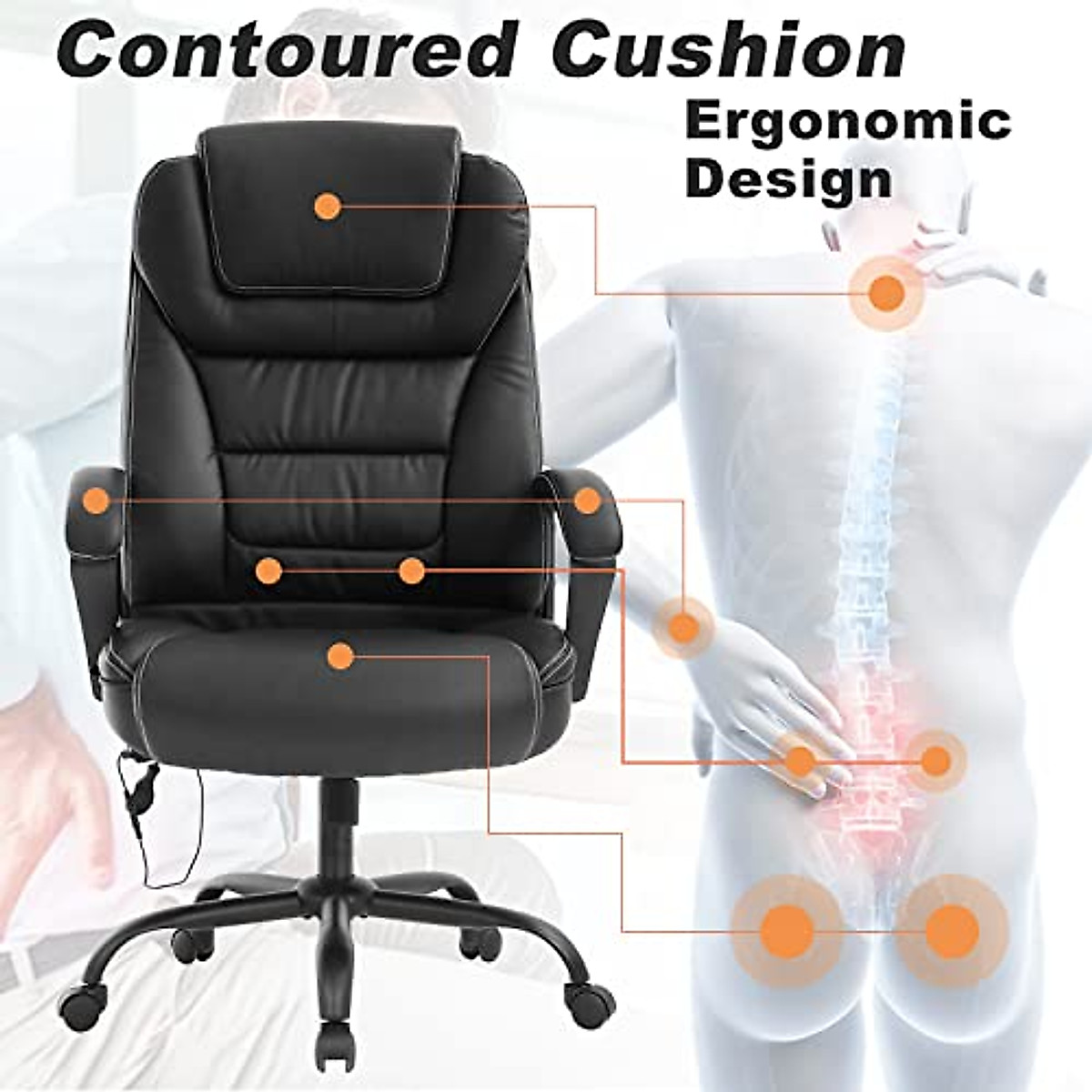 Tyyps Big and Tall Office Chair -500lbs Ergonomic Desk Chair Executive Office Chair with Spring Cushion, Armrest & Lumbar Support PU Leather Computer Chair for Heavy People Men Swivel Task, Black