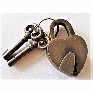 VTG. Small Love Valentines Paris Heart Lock w 2 Skeleton Keys Brass 2 5/8" #L8