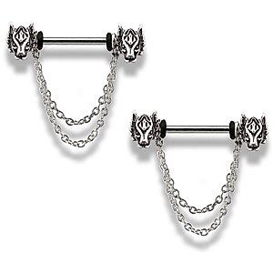 Pierced Owl 14G Stainless Steel Wolf Head Dangling Chain Nipple Barbells, Sold as a Pair