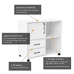 Office Storage Cabinet with 2 Drawers, Modern Rolling Cabinet with 3 Storage Shelves Printer Stand Table with Wheels for Home Office Storage (White)