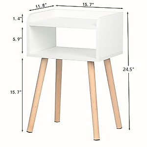 LUCKNOCK Nightstand, Mid-Century Modern Bedside Table with Solid Wood Legs, Adorable and Practical End Side Table with Open Storage Shelf, Fashion Bedroom Furniture White.