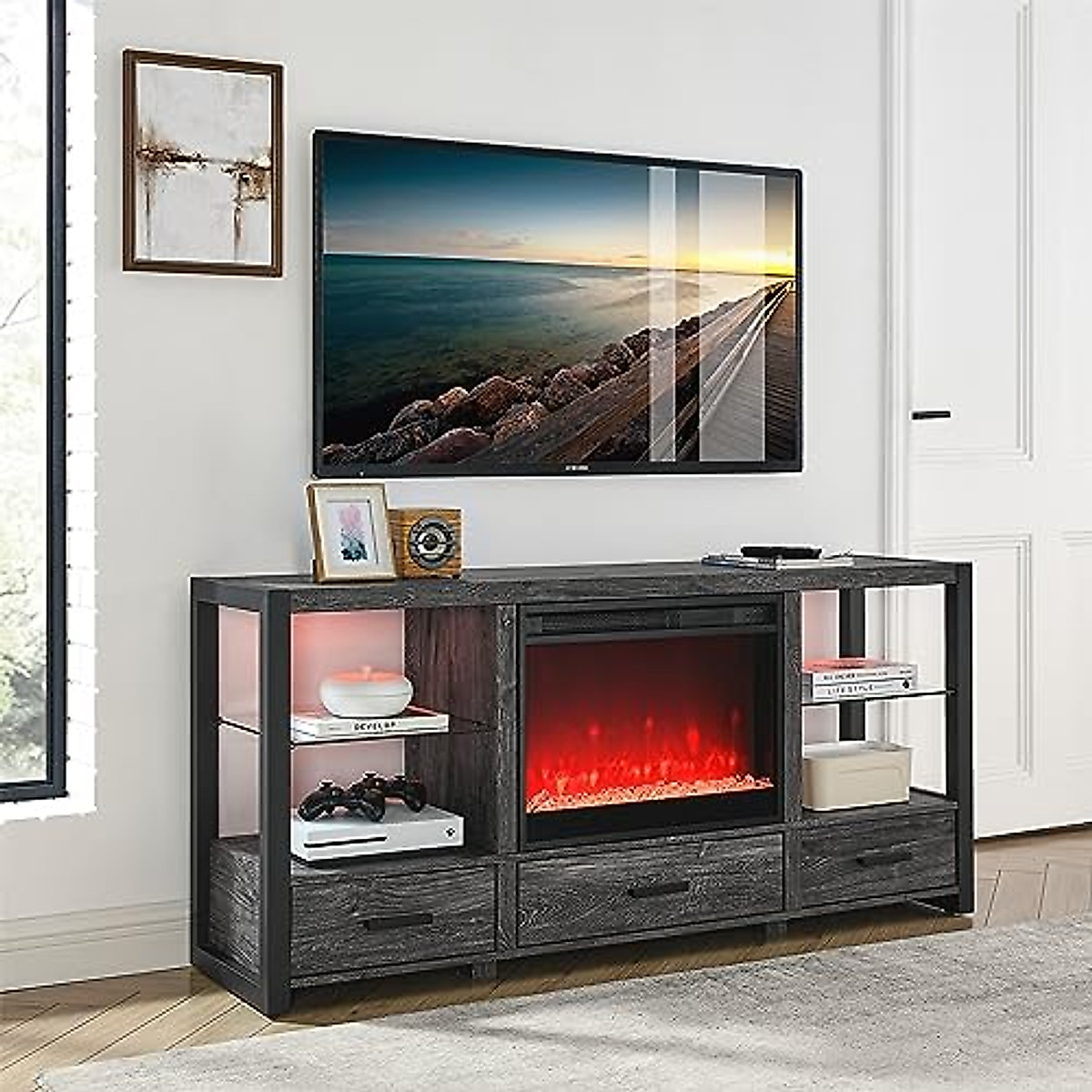 TopCity 60" Fireplace TV Stand for Up to 70" TV Farmhouse Entertainment Center with 24" Electric Fireplace Media Console Cabinet with LED Light for Living Room (Gray)