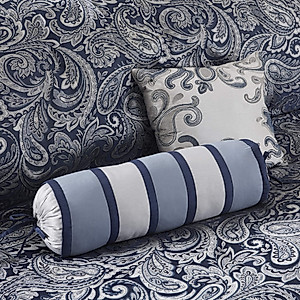 Madison Park Aubrey Cozy Comforter Set, Faux Silk Jacquard Paisley Design - All Season Down Alternative Bedding Layer with Bedskirt, Decorative Pillow, Queen, Navy 12 Piece