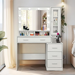 Vanity Desk with Mirror and Lights - White Vanity Table with Power Strip, 4 Drawers and Display Cabinet, 39.5'' Bedroom Makeup Desk with Nightstand and Tabletop Shelf, Brightness Adjustable