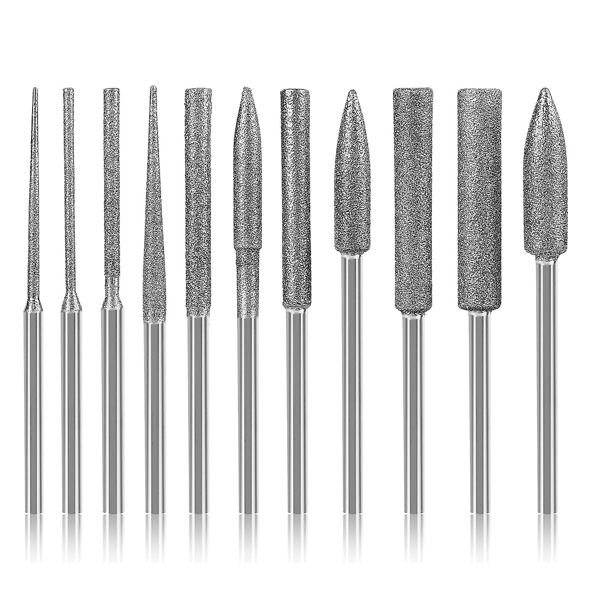 Stone Carving Set Diamond Burr Bits Compatible with Dremel, 11PCS Polishing Kits Rotary Tools Small Long Cone Accessories with 1/8’ Shank For Carving, Engraving, Grinding, Stone, Rocks, Jewelry, Glass