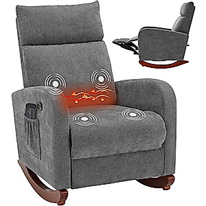 AVAWING Electric Massage Rocking Chair, Rocking Accent Armchair with Heat Function USB Ports, Rocker Fabric Padded Seat Wood Base, Modern High Back Armchair with Footrest Remote Control for Home,Grey