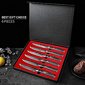 XT XITUO Steak Knives Set of 6 Piece Damascus Patterned Stainless Steel Serrated Knife Wooden Handle Beef Cleaver Multipurpose Restaurant Cutlery Table Knife (6PC Steak Knife Set)