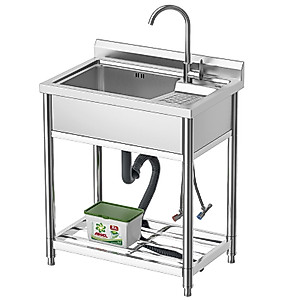 Stainless Steel Utility Sink, Free Standing Laundry Sink with Washboard, Laundry Tub Sink with Cold and Hot Water Faucet for Laundry Room Kitchen Garage Basement Shop Garden, Indoor and Outdoor Sink