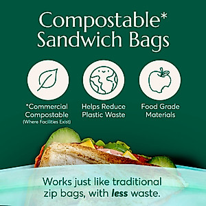 Cleanomic Compostable* Sandwich Size Food Storage Bags (25 Eco Zip) Freezer and Leak Proof, Also Available Gallon, Quart and Snack Size Bags