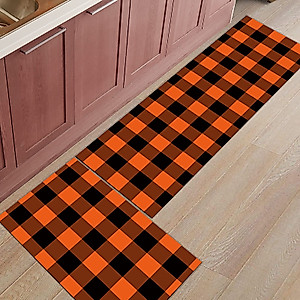 Savannan Kitchen Runner Rug Set 2 PCS, Halloween Orange and Black Buffalo Checke Plaid Runner Carpet Door Mats with Non Slip Rubber Backing Floor Mat for Laundry Bedside