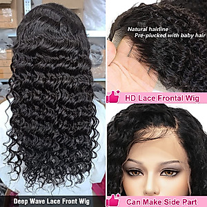 Wingirl 180 Density 13x4 HD Lace Front Wigs Human Hair Pre Plucked with Baby Hair Transparent Glueless Brazilian Deep Wave Frontal Wigs for Women Natural Black Color