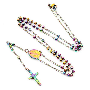 Blowin 3mm Rainbow Beads Christian Rosary Necklace for Women Men, Colorful Stainless Steel Praying Rosary Necklace Jewelry, 26 Inch