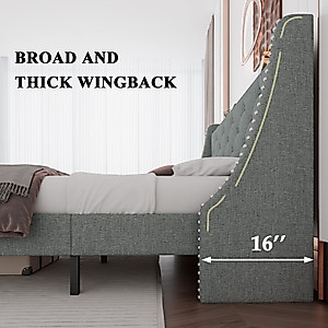 Feonase Upholstered Queen Bed Frame with Wingback Headboard, Deluxe Platform Bed Frame with Diamond Tufting & Storage Shelf, Wood Slats, Noise-Free, No Box Spring Needed, Easy Assembly, Light Gray