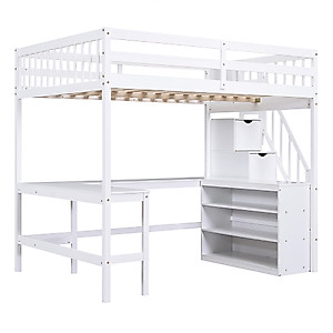 Full Size Loft Bed with Stairs and Desk, Wood Loft Beds with Storage Staircase, High Loft Bed Frame with Bookcase Shelves & L-Shape Desk for Kids, Teen, Boys, Girls, White