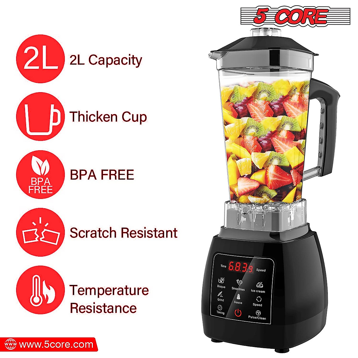 5 Core 2L Professional Countertop Blender Touch Screen For Kitchen 68 Oz 2000W High Speed BPA Free 6 Titanium Blade Smoothie Blender Electric For Soup Shake Juice Multi-Speed Digital JB 2000 D