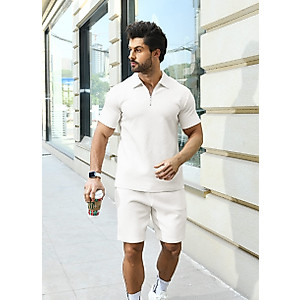 KUYIGO Men's Polo Shirt and Shorts Set Summer White Beach Outfits for Men2 Piece Tracksuit White 3XL