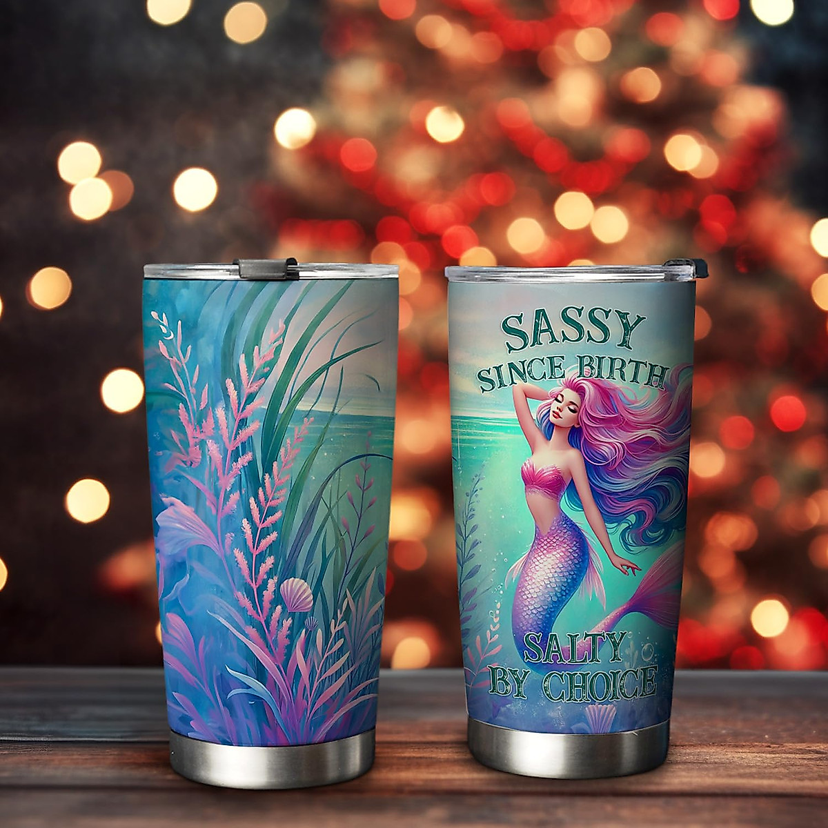 20oz Mermaid Tumbler, Sassy Since Birth Salty by Choice, Gifts for Mermaid Lovers, Coffee Thermos for Women, Stainless Steel Double Wall Vacuum Insulated Coffee Mug, Travel Cup with Lid