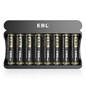 EBL 8 Pack Rechargeable AA Batteries Ni-Zn 3000mWh with 8 Bay Ni-Zn Battery Charger - 1.6V Double A Battery High Performence Battery and AA AAA Ni-Zn Battery Charger