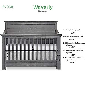 Evolur Waverly 5-in-1 Full Panel Convertible Crib in Rustic Grey, Greenguard Gold Certified , 58.75x31.25x46.5 Inch (Pack of 1)