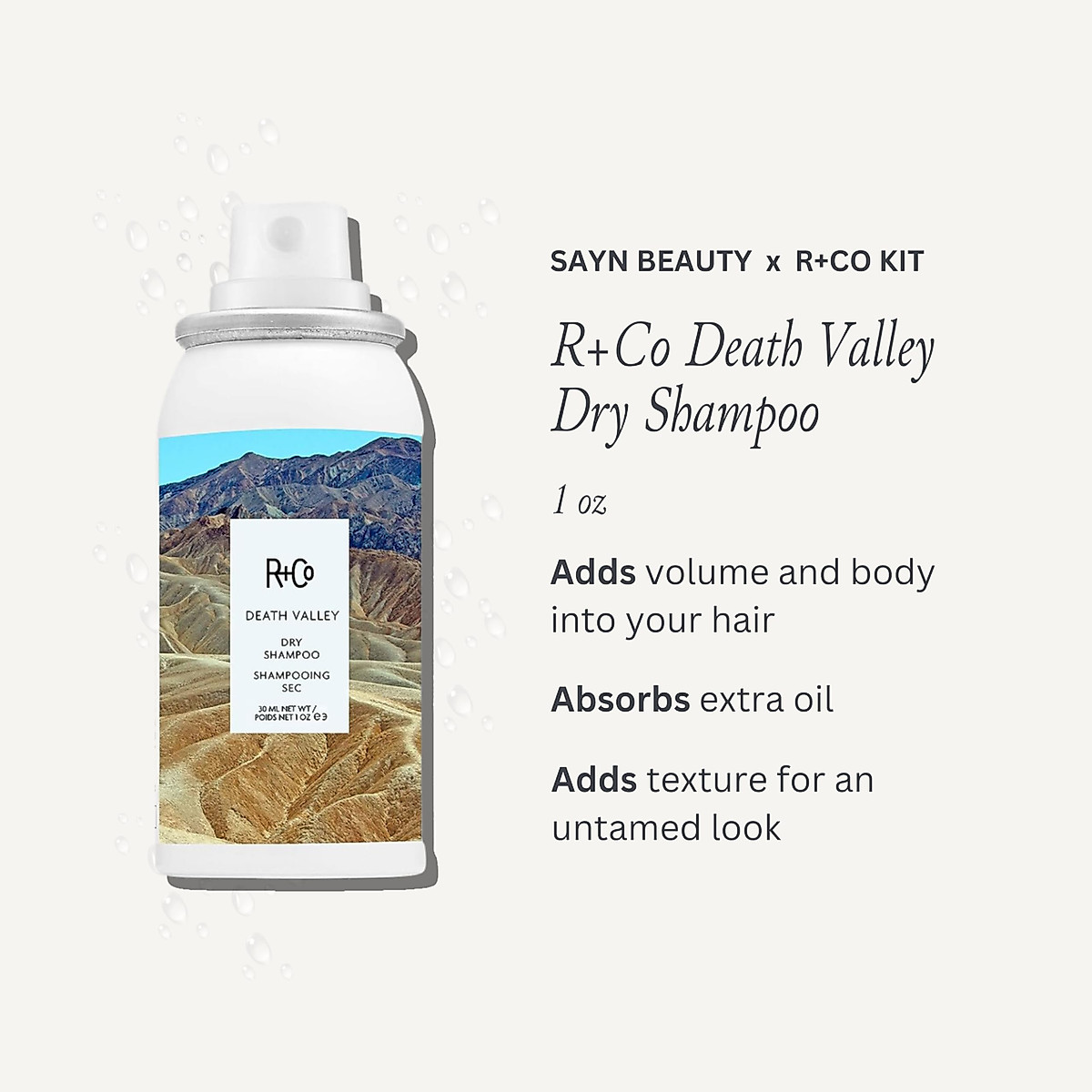 R+Co Travel Essentials | Bleu De Luxe Reparative Shampoo and Conditioner Set (1.2 Oz) + High Dive Moisture Cream (.5 Oz) + Death Valley Dry Shampoo (1 Oz) | Sayn Beauty