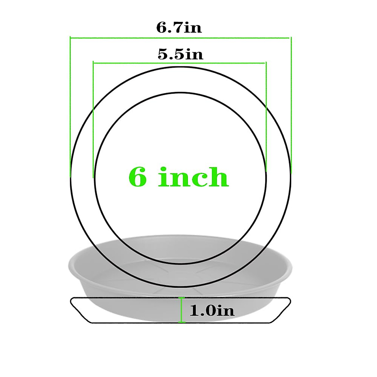 OVZILKI 6 Pack of Plant Saucer Tray 4 6 8 10 12 14 17 19 22 25 inch, Heavy Duty Plastic Pot Plant Drip Trays Saucers for for Indoors Outdoor, Plant Water Tray for Planters 4-7" (6", Black)
