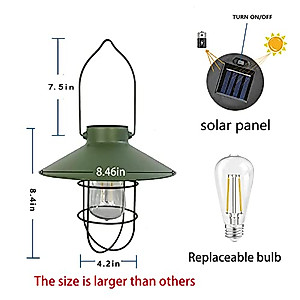 pearlstar Solar Lantern Outdoor Hanging Light Metal Farmhouse Solar Lamp with Warm White Edison Bulb Design for Garden Yard Patio Proch Decor(Green)