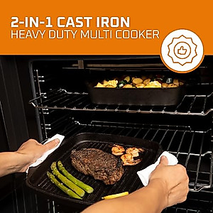 Bruntmor 2-in-1 Pre-seasoned Square Cast Iron Dutch Oven With Dual Handles, Non stick Pan with Grill, Casserole Dish with Lid for Braising Dishes, Crock Pot Covered With Cast Iron, Oven Safe Skillet