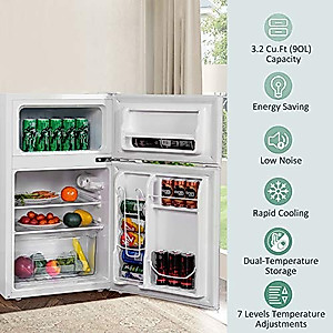 Hysache 3.2 cu ft ompact Refrigerator, Double Door Mini Fridge w/Removable Glass Shelves, Mechanical Control & Angle LED Light, Energy Saving Separate Freezer for Home, Office & Dorm (White)