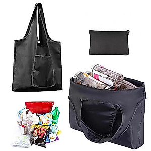 QINMEIYI Reusable Shopping Bags 5 Pack Foldable Reusable Grocery Bags 50LBS Weight Capacity Heavy Duty Shopping Tote Bags Machine Washable Polyester Lightweight Bags Ripstop Reusable bags Black