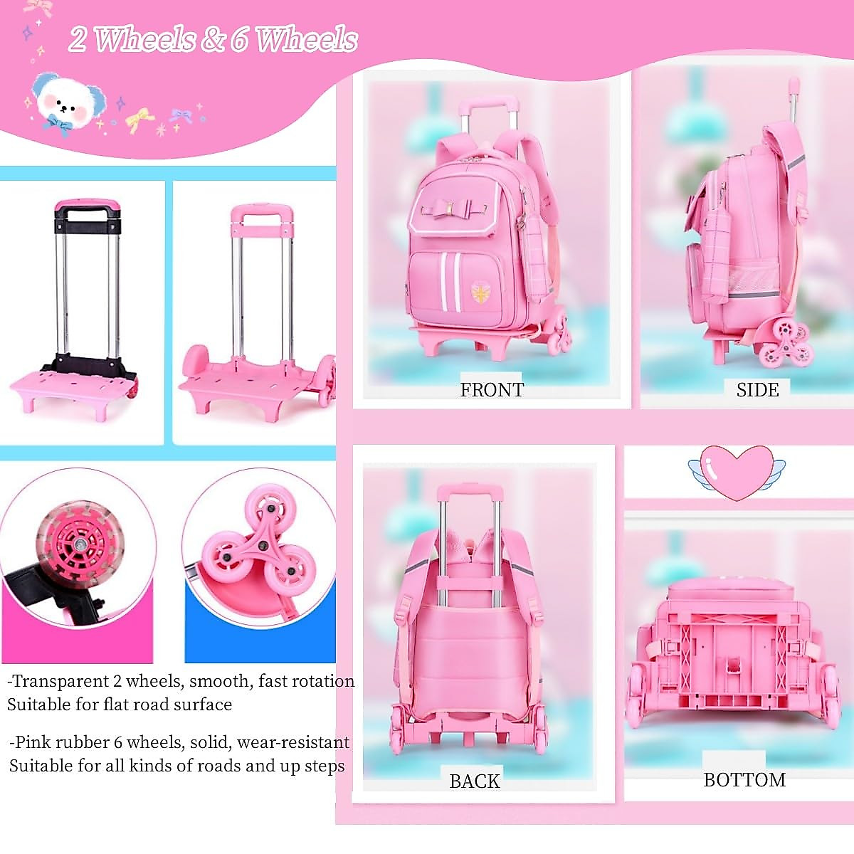 3Pcs Rolling Backpack for Girls Cute Bowknot Students Bookbags Primary Schoolbag Trolley Bags Wheeled Backpack Kids Carry-On Luggage with Lunch Bag&Pencil Case