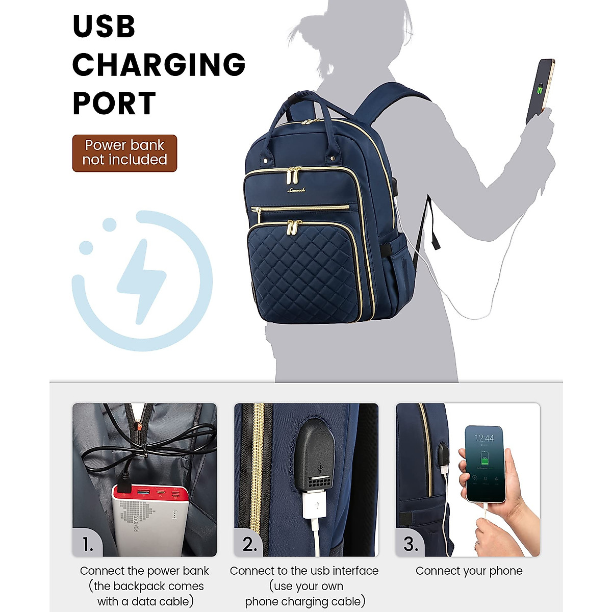 LOVEVOOK Laptop Backpack for Women, 15.6 Inch Computer Backpack for Teacher Nurse with Water Resistant, Lightweight Travel Work Backpack with USB Charging Port, Quilted Commuter Backpack purse, Blue