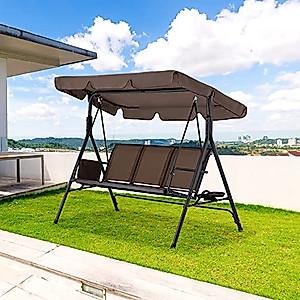 Haddockway 3-Seater Outdoor Adjustable Canopy Swing Chair,Porch Swing with Stand,Armrests,Textilene Fabric,Steel Frame,Patio Swing with Canopy for Garden,Backyard,Balcony,Poolside (Brown)