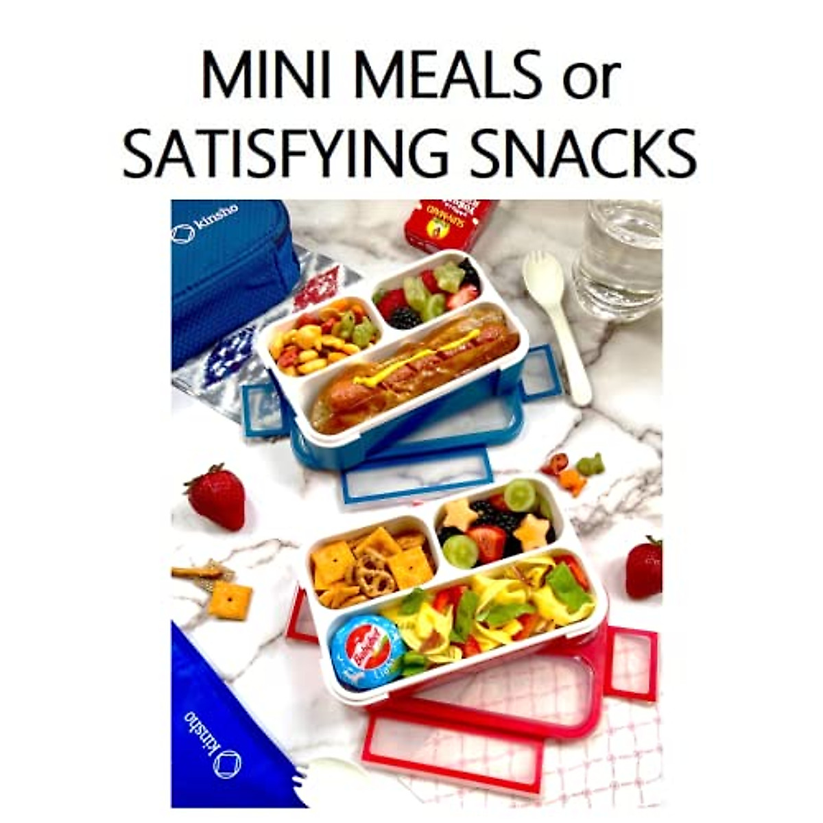 kinsho Snack Containers - Small Bento Lunch Box for Kids Girls Boys Toddlers | MINI Leakproof Boxes, Baby Bentobox for School Daycare Travel, Portion Containers, 2 pack, Red Navy Blue